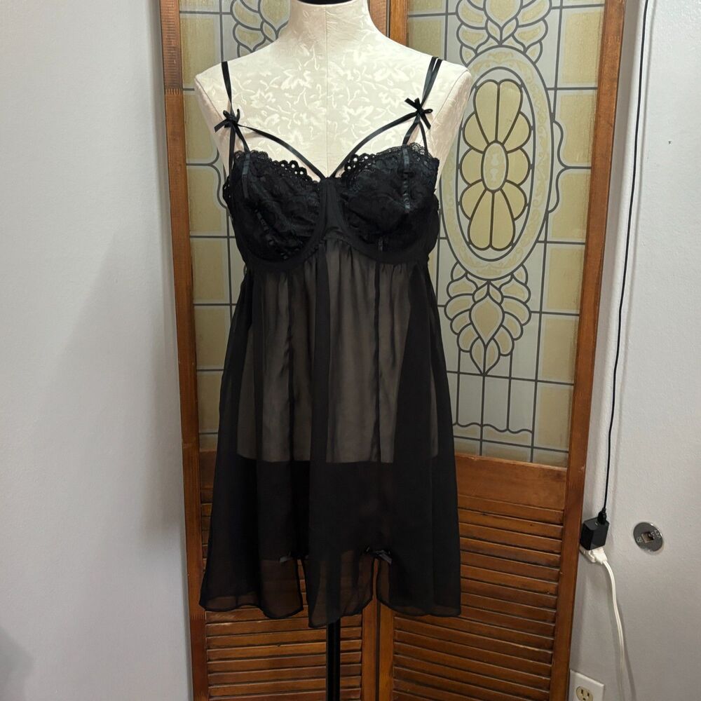 Cacique Babydoll Lace Sheer Bow Detail Black Lingerie… - Gem
